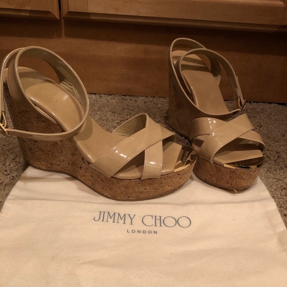 Jimmy Choo | Shoes | Jimmy Choo Nude Patent Leather Cork Wedge | Poshmark